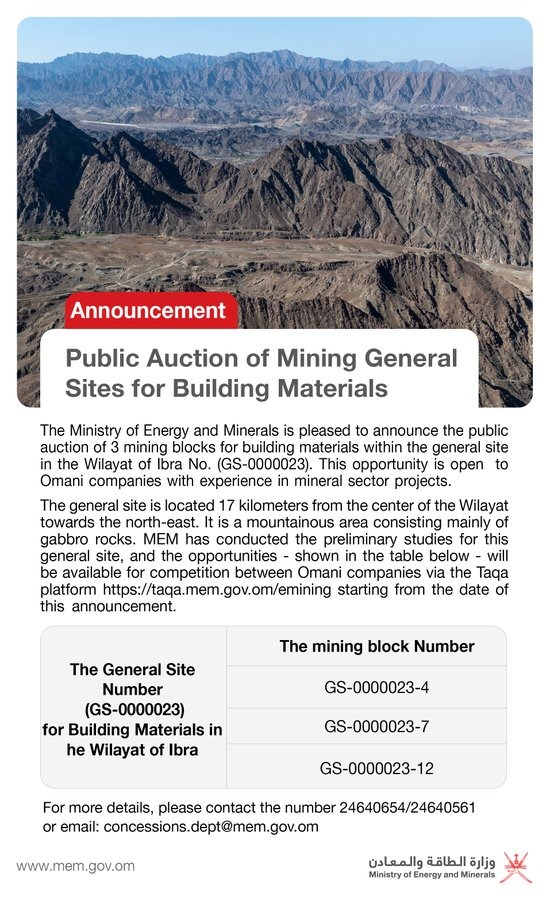 MEM announces public auction of mining blocks for Omani construction ...