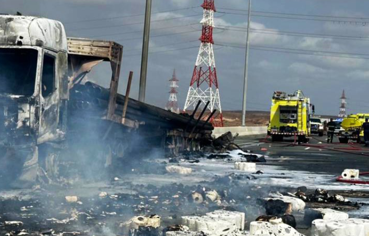 Oman's fire and rescue teams battle blaze after truck collision in ...
